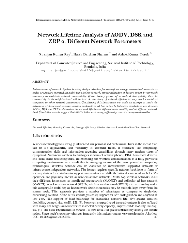 Pdf Network Lifetime Analysis Of Aodv Dsr And Zrp At Different