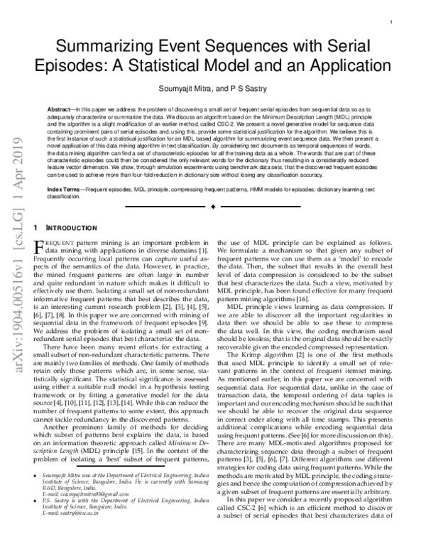 (PDF) Summarizing Event Sequences with Serial Episodes: A Statistical Model and an Application
