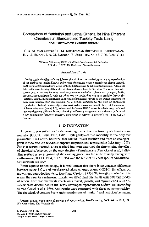 Pdf Comparison Of Sublethal And Lethal Criteria For Nine Different Chemicals In Standardized
