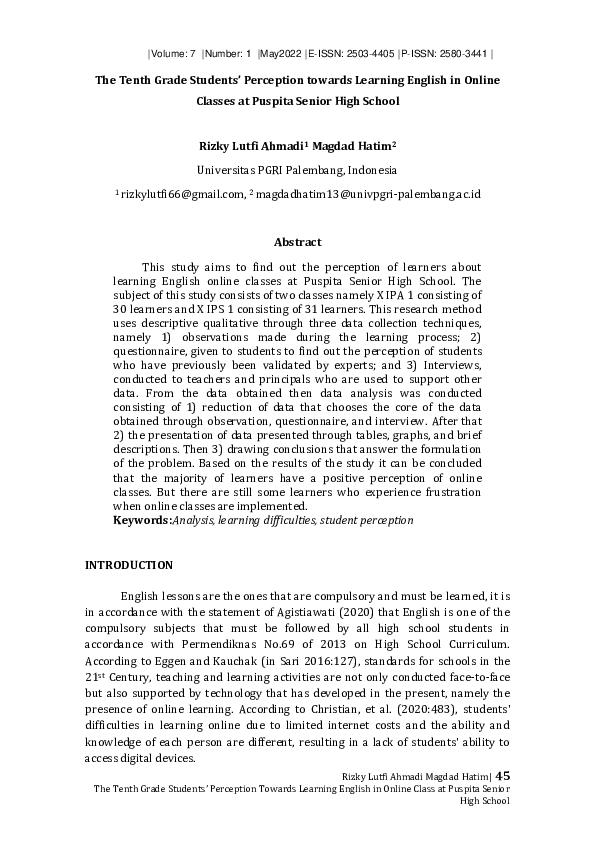 (PDF) The Tenth Grade Students’ Perception towards Learning English in Online Classes at Puspita ...