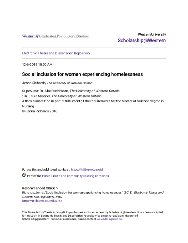 (PDF) Social inclusion for women experiencing homelessness