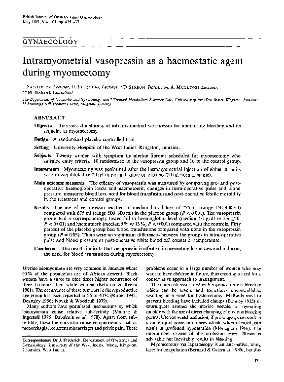 (PDF) Intramyometrial vasopressin as a haemostatic agent during myomectomy