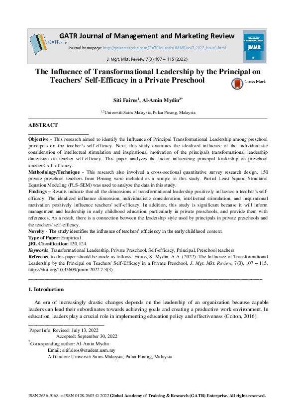(PDF) The Influence of Transformational Leadership by the Principal on Teachers' Self-Efficacy ...