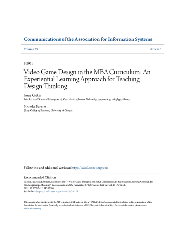 (PDF) Video Game Design in the MBA Curriculum: An Experiential Learning ...