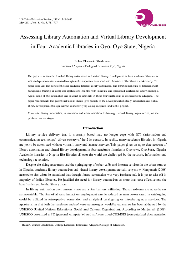 (PDF) Assessing Library Automation and Virtual Library Development in ...