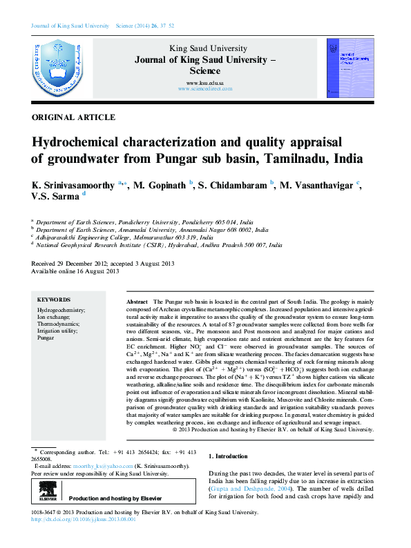 (PDF) Hydrochemical characterization and quality appraisal of groundwater from Pungar sub basin ...