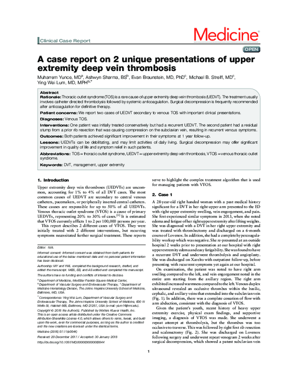 (PDF) A case report on 2 unique presentations of upper extremity deep vein thrombosis