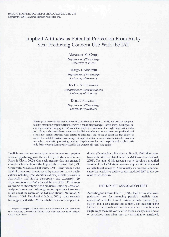 Pdf Implicit Attitudes As Potential Protection From Risky Sex