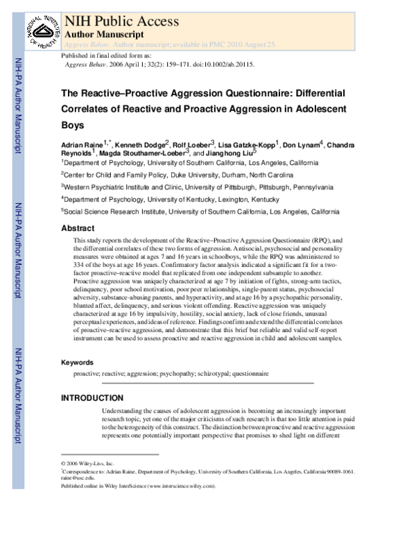 (PDF) The reactive–proactive aggression questionnaire: differential ...