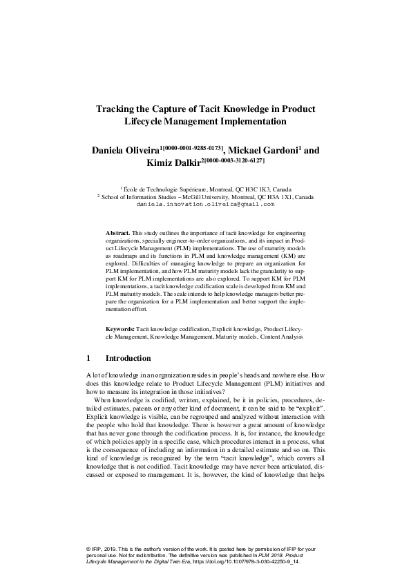 (PDF) Tracking the Capture of Tacit Knowledge in Product Lifecycle Management Implementation