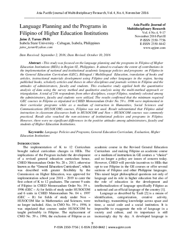 (PDF) Language Planning and the Programs in Filipino of Higher ...