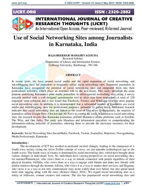 (PDF) Use of Social Networking Sites among Journalists in Karnataka, India