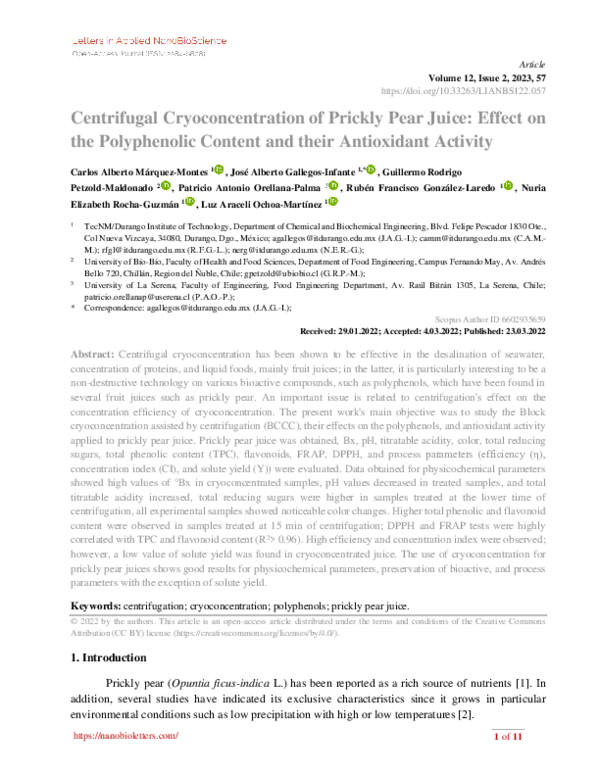 (PDF) Centrifugal Cryoconcentration of Prickly Pear Juice: Effect on ...