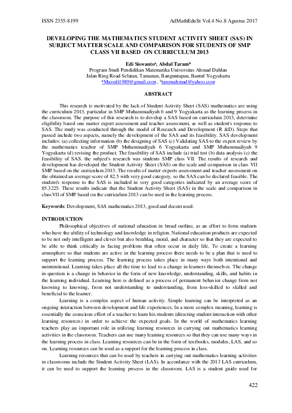 (PDF) Developing the Mathematics Student Activity Sheet (Sas) in Subject Matter Scale and ...
