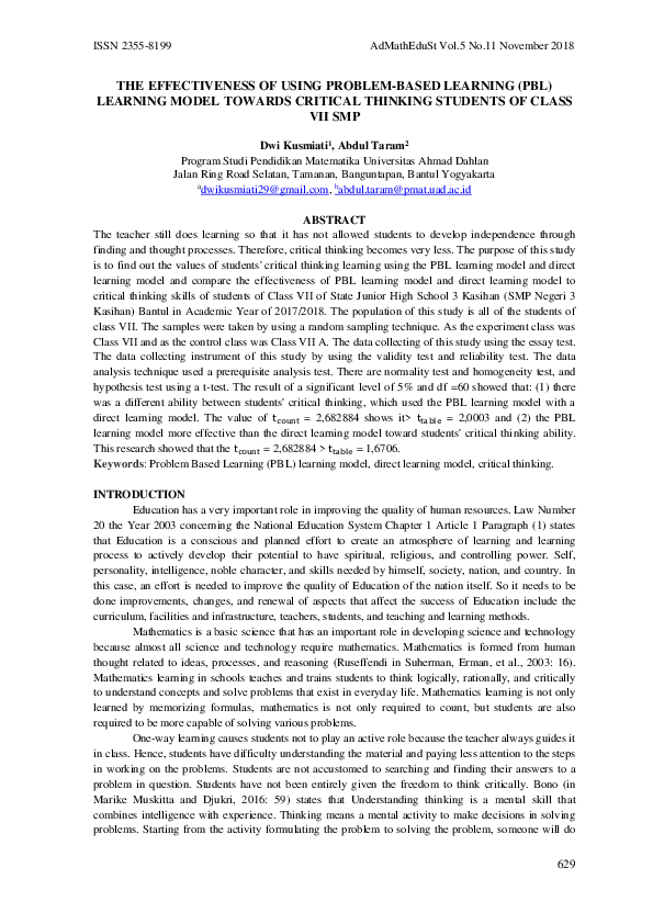 Pdf The Effectiveness Of Using Problem Based Learning Pbl Learning