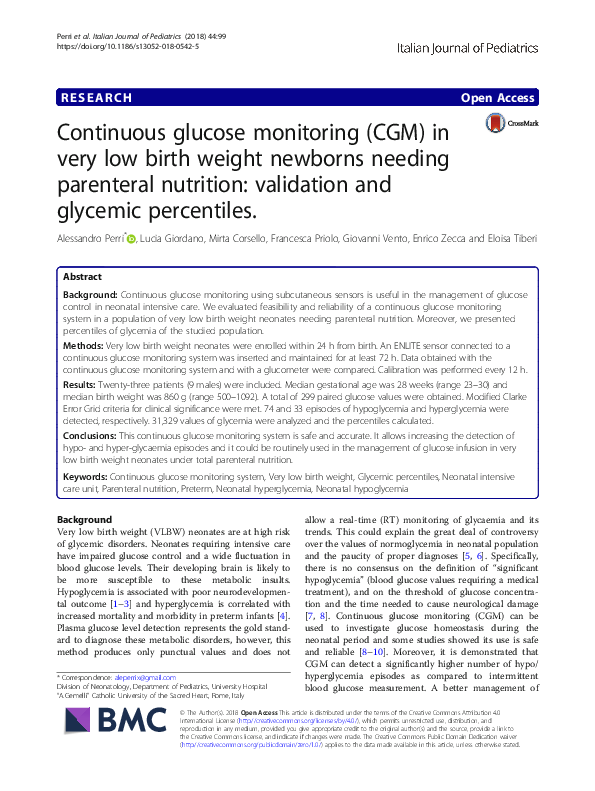 (PDF) Continuous glucose monitoring (CGM) in very low birth weight ...