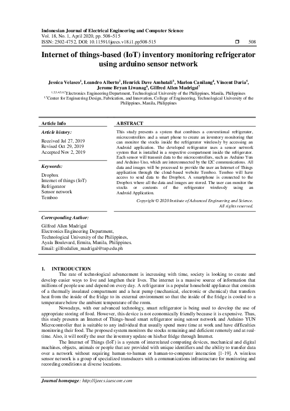 Pdf Internet Of Things Based Iot Inventory Monitoring Refrigerator Using Arduino Sensor Network 