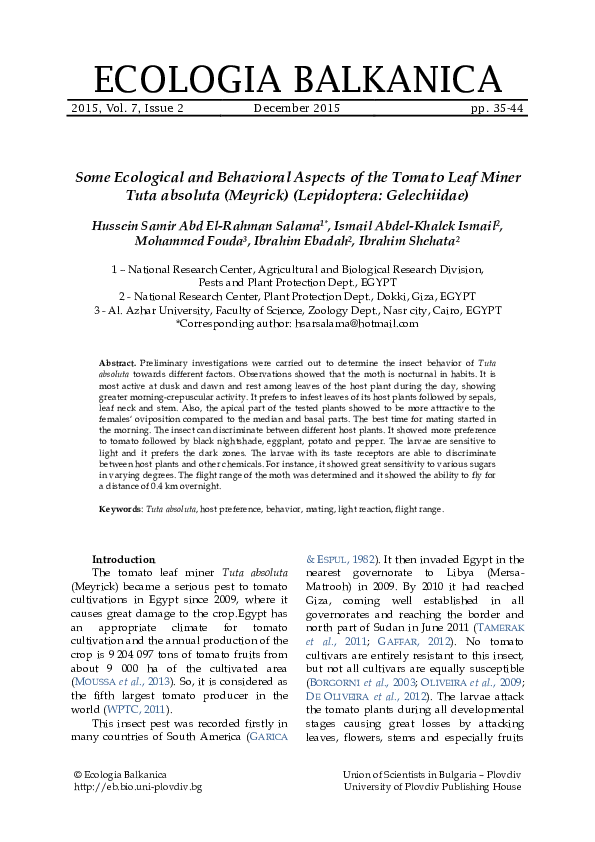 (PDF) Some Ecological and Behavioral Aspects of the Tomato Leaf Miner Tuta Absoluta (Meyrick ...