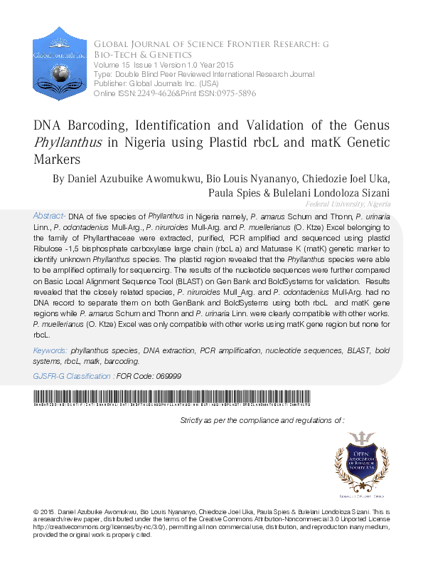 (PDF) DNA Barcoding, Identification and Validation of the Genus ...