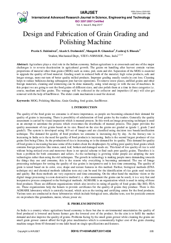 (PDF) Design and Fabrication of Grain Grading and Polishing Machine