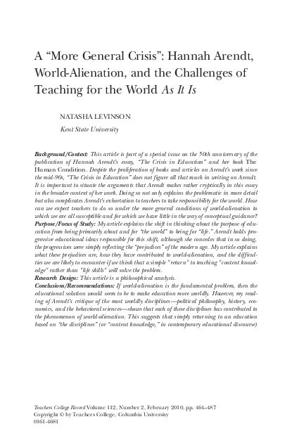 (PDF) A “More General Crisis”: Hannah Arendt, World-Alienation, and the ...