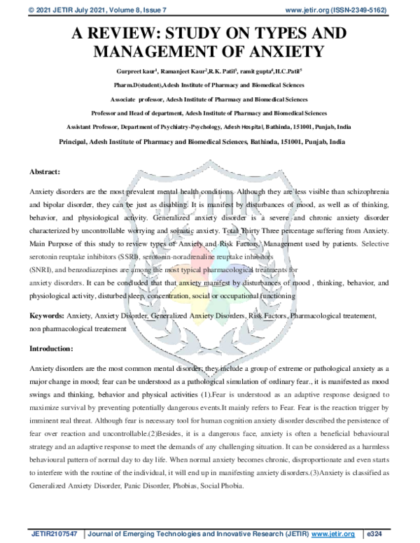 (PDF) A Review Study on Types and Management of Anxiety
