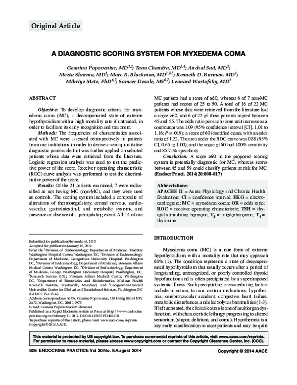 (PDF) A Diagnostic Scoring System for Myxedema Coma