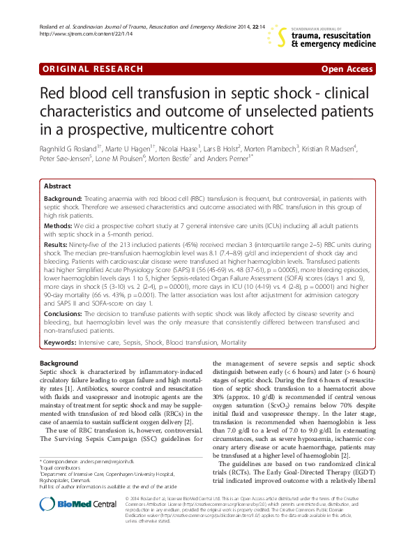 (PDF) Red blood cell transfusion in septic shock - clinical ...
