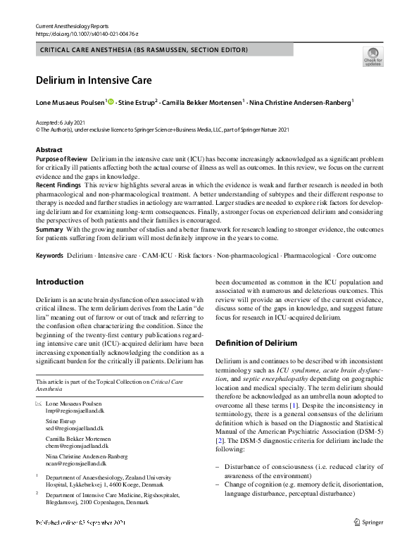 (PDF) Delirium in Intensive Care