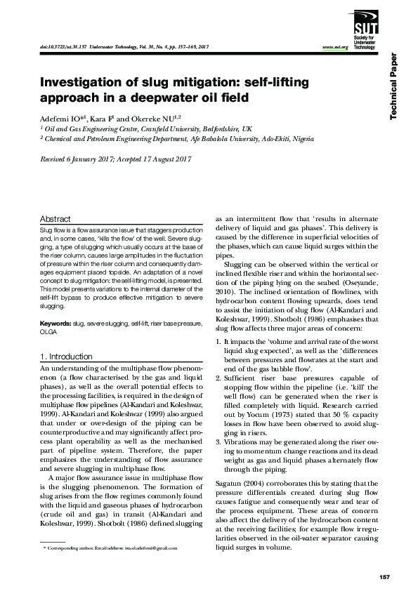 (PDF) Investigation of slug mitigation: self-lifting approach in a deepwater oil field