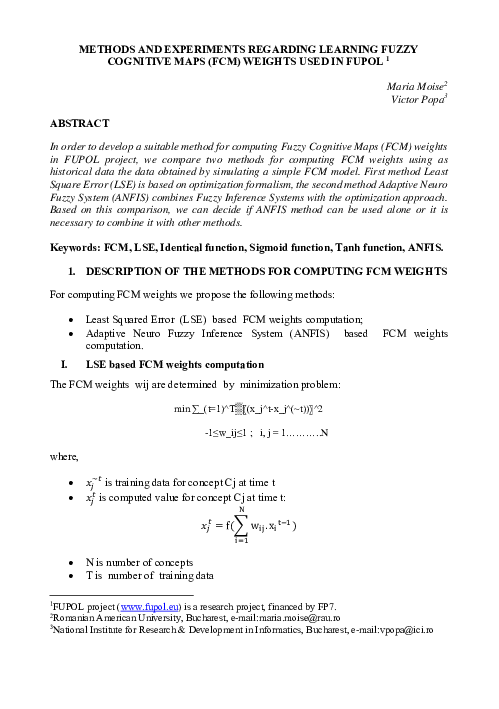 (PDF) Methods And Experiments Regarding Learning Fuzzy Cognitive Maps (Fcm) Weights Used In Fupol