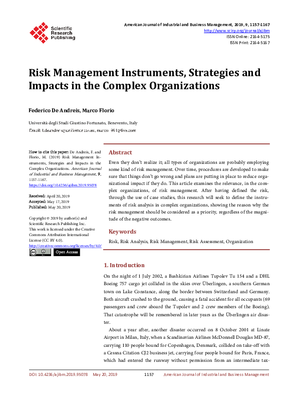 (PDF) Risk Management Instruments, Strategies and Impacts in the ...