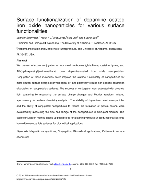 (PDF) Surface functionalization of dopamine coated iron oxide ...