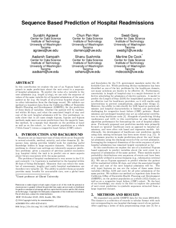 (PDF) Sequence Based Prediction of Hospital Readmissions
