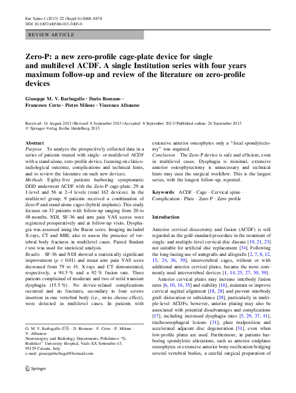 (PDF) Zero-P: a new zero-profile cage-plate device for single and ...