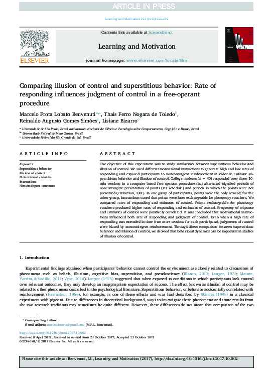 (PDF) Comparing illusion of control and superstitious behavior: Rate of ...
