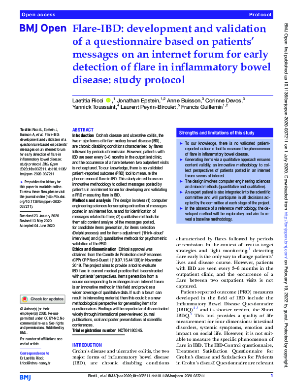 (PDF) Flare-IBD: development and validation of a questionnaire based on patients’ messages on an ...
