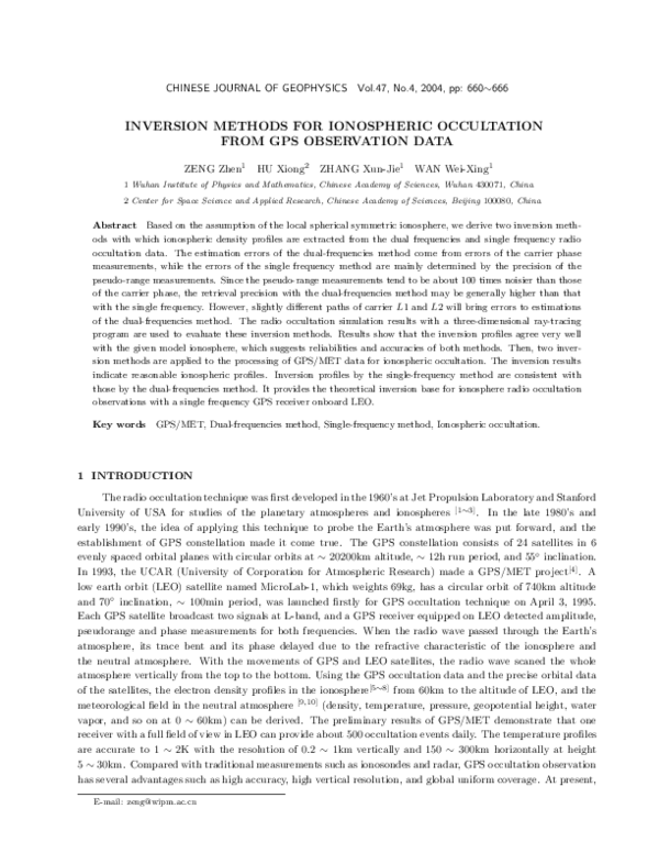 (PDF) Inversion Methods for Ionospheric Occultation from GPS Observation Data