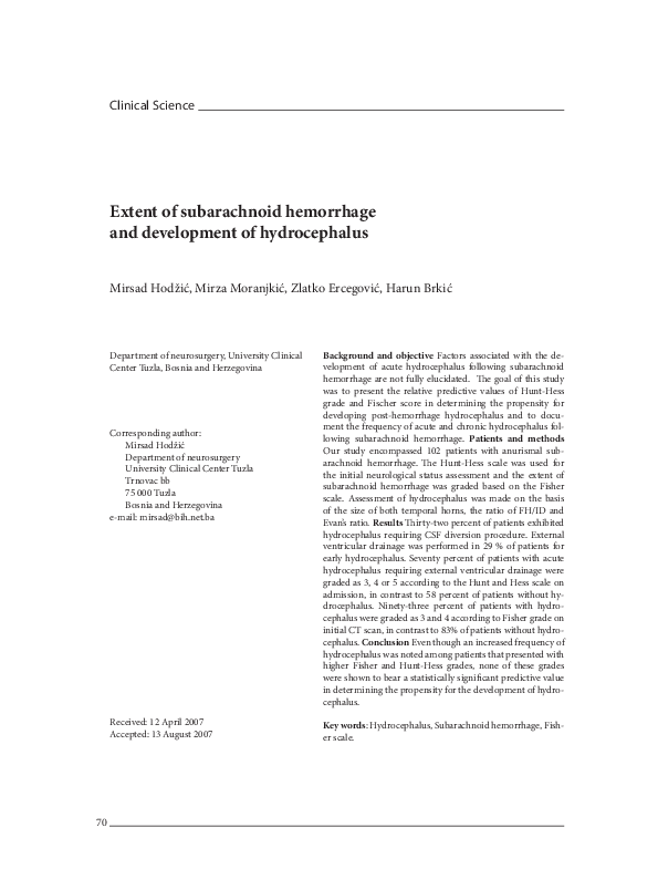 (PDF) Extent of subarachnoid hemorrhage and development of hydrocephalus