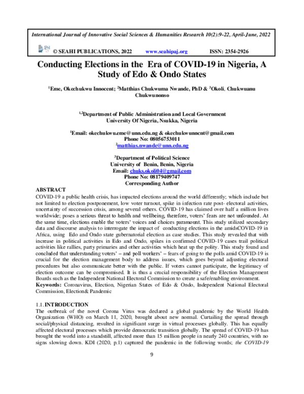 (PDF) Conducting Elections in the Era of COVID-19 in Nigeria, A Study ...