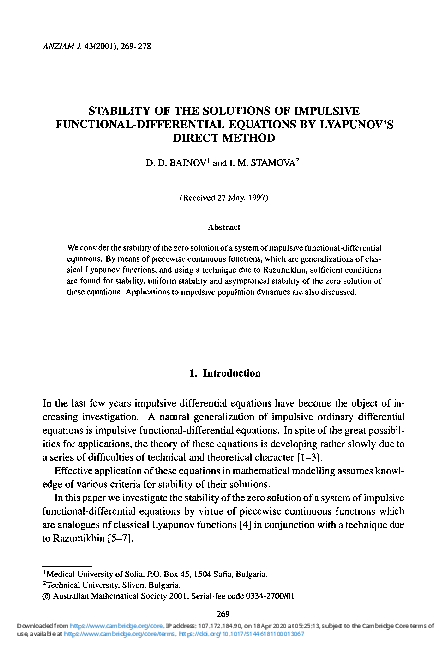 (PDF) Stability of the solutions of impulsive functional-differential equations by Lyapunov's ...