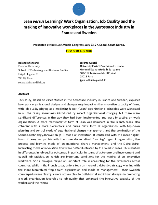 (PDF) Lean versus Learning? Work Organization, Job Quality and the ...