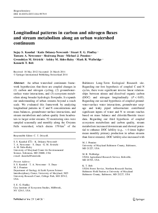 (PDF) Longitudinal patterns in carbon and nitrogen fluxes and stream ...