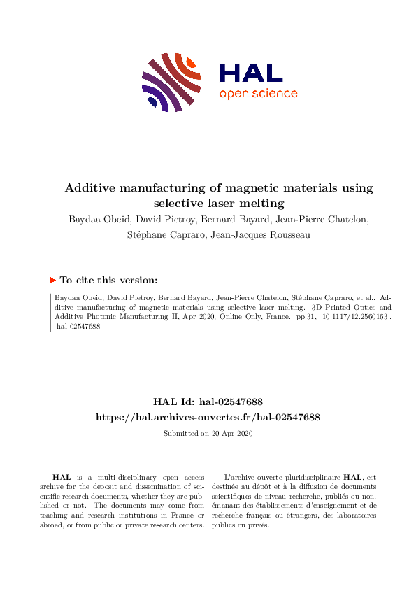 (PDF) Additive manufacturing of magnetic materials using selective ...