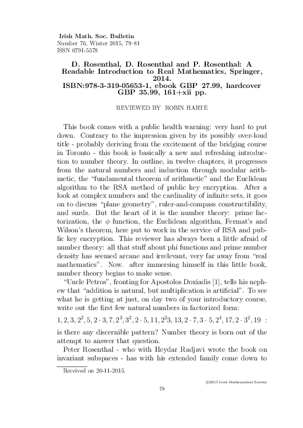 (PDF) D. Rosenthal et al.: A Readable Introduction to Real Mathematics