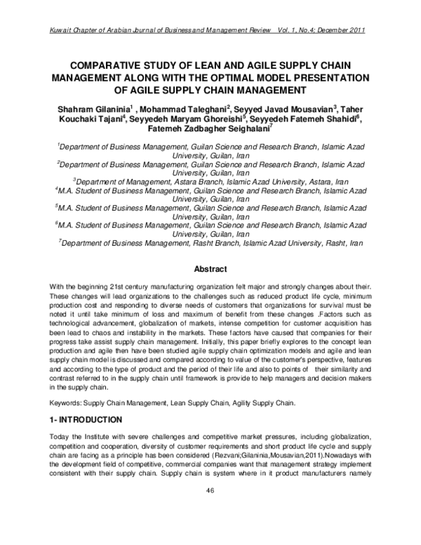 (PDF) Comparative Study of Lean and Agile Supply Chain Management Along with the Optimal Model ...