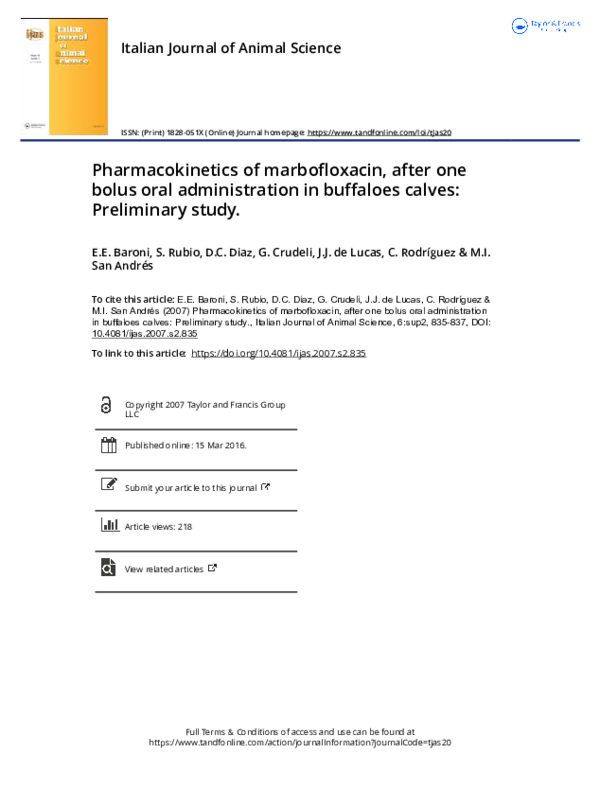 (PDF) Pharmacokinetics of marbofloxacin, after one bolus oral administration in buffaloes calves ...