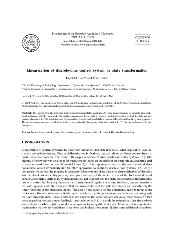 (PDF) Linearization of discrete-time control system by state transformation