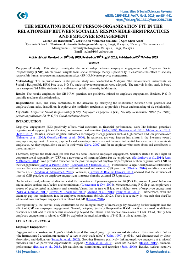 Pdf The Mediating Role Of Person Organization Fit In The Relationship Between Socially