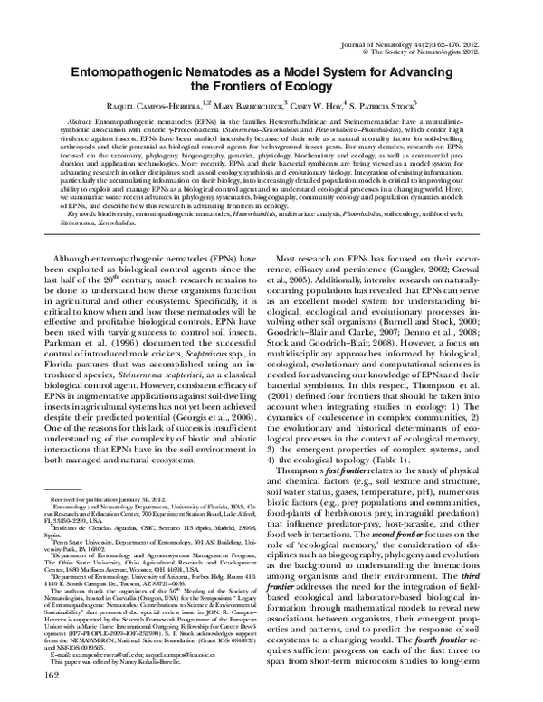 (PDF) Entomopathogenic nematodes as a model system for advancing the frontiers of ecology